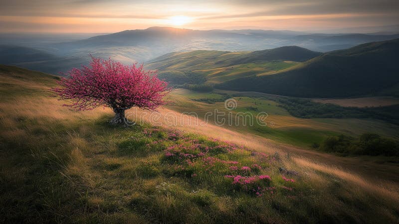 Solitary Pink Tree Sunset Mountain Landscape Spring Stock Photos - Free ...
