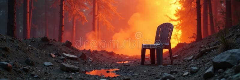 Solitary Plastic Chair Amidst Post Fire Devastation , Emergency, Debris ...