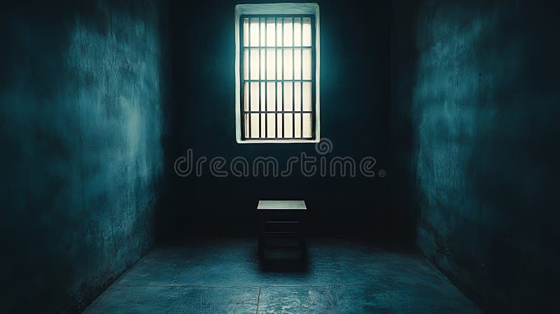 Solitary Prison Cell with High Barred Window and Stool in Shadowy ...