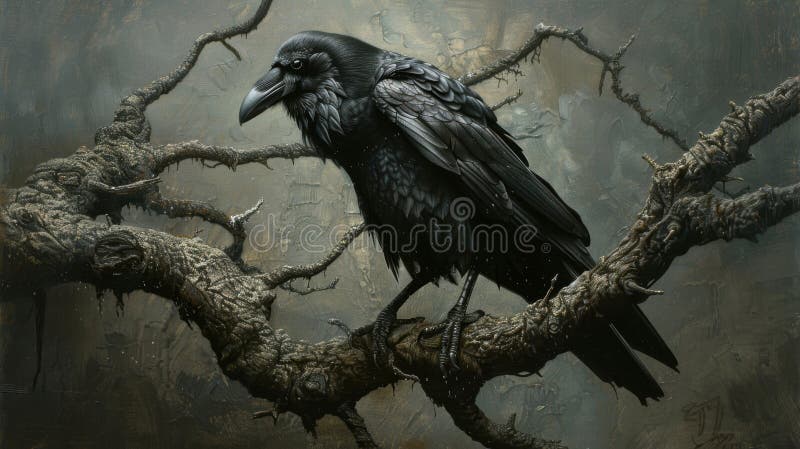 A Solitary Raven Perched on a Bare Branch in a Misty Forest, Its Black ...