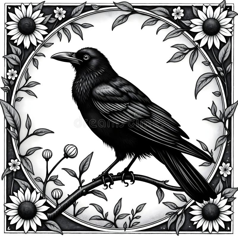 A Solitary Raven Perched in a Sunflower Frame Stock Illustration ...