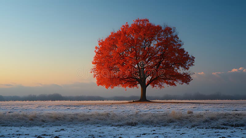 Solitary Red Tree in Snowy Field at Sunrise Stock Illustration ...
