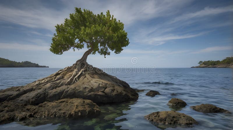 Solitary Resilience. a Tree Thriving on a Sea Rock Stock Image - Image ...