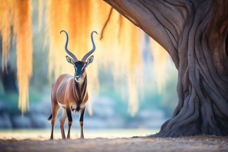Solitary Roan Antelope Standing Under Acacia Tree Stock Illustration ...