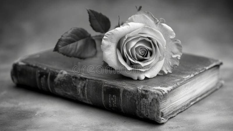 Solitary Rose on Antique Book in Black and White Stock Illustration ...