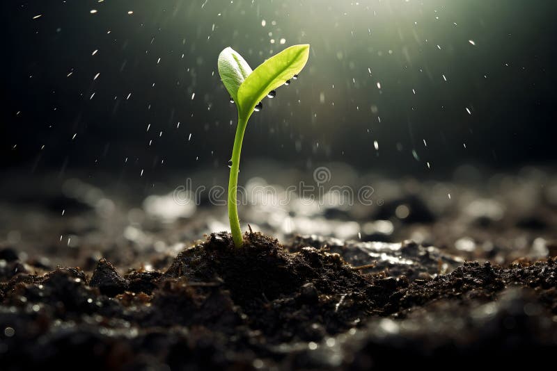 A Solitary Sprout of a Plant Growing in Soil Under the Rain Stock ...