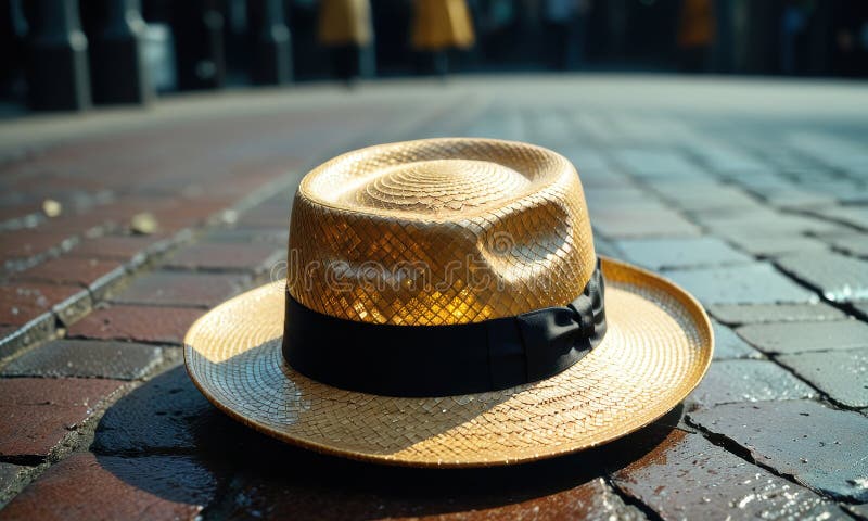 A Solitary Straw Hat Sits on a Worn Brick Sidewalk, Awaiting Its Owner ...