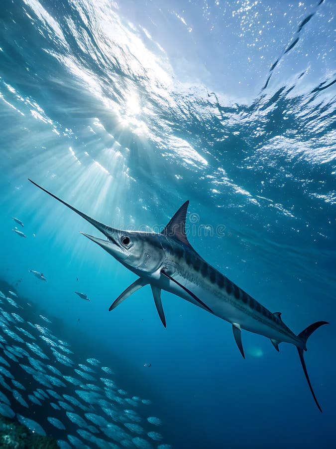 Solitary Swordfish in the Ocean Depths with Sunlight Breaking through ...