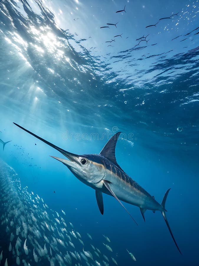Solitary Swordfish in Open Ocean Wide Angle Shot Stock Image - Image of ...
