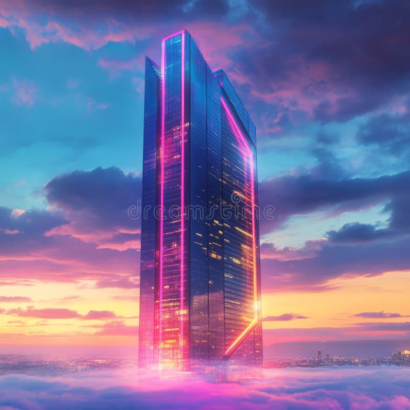 Solitary Synthwave Skyscraper with a Vibrant Color Palette Stock ...