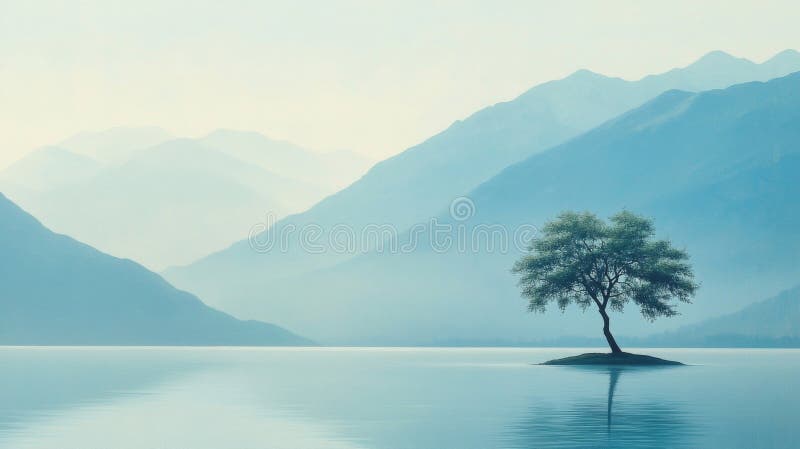 Solitary Tree on a Calm Lake with Blue Mountains Stock Illustration ...