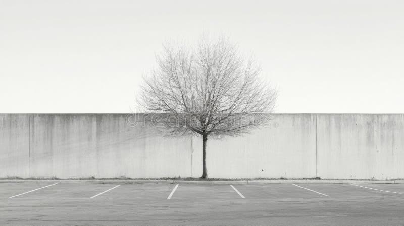 Solitary Tree before Concrete Wall in Empty Parking Lot Stock ...