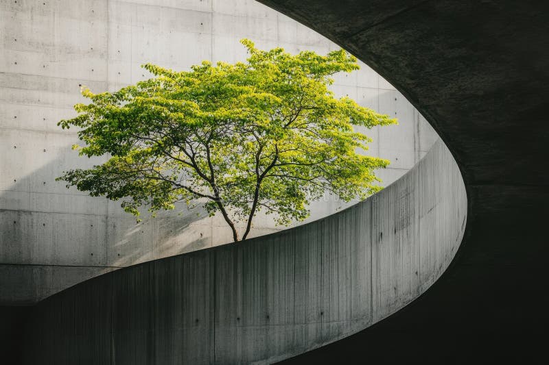 Solitary Tree in Curved Concrete Structure with Natural Light Contrast ...