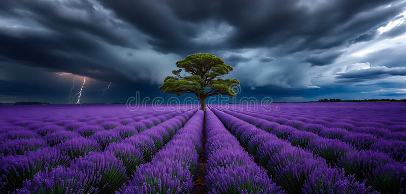 A Lone Tree Stands Tall Amidst Vibrant Lavender Fields Under an ...