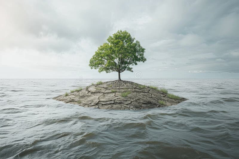 Solitary Tree on Dry Island Surrounded by Water Highlighting ...
