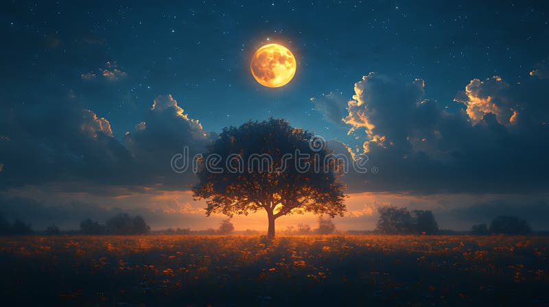 Solitary Tree in a Field at Night, Illuminated by a Large Orange Moon ...