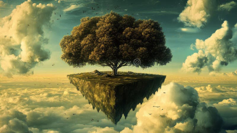 Solitary Tree on a Floating Island Above Clouds Stock Illustration ...