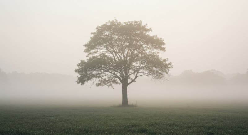 Solitary Tree in Foggy Field at Dawn Stock Illustration - Illustration ...