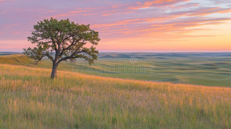 Solitary Tree on Grassy Hill at Sunset Over Rolling Plains Stock Illustration - Illustration of ...