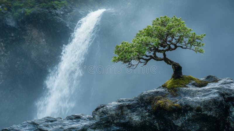 A Solitary Tree Growing on a Cliff Overlooking a Waterfall Stock ...