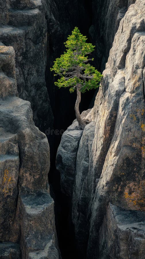 Solitary Tree Growing between Large Rocks, Resilience in Nature Concept ...