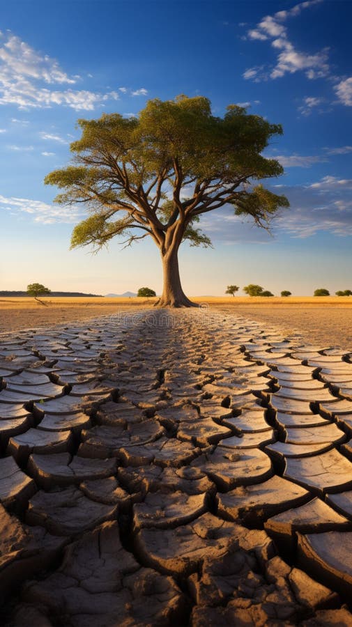 Solitary Tree Grows on Cracked Land, Exemplifying Climate Changes ...