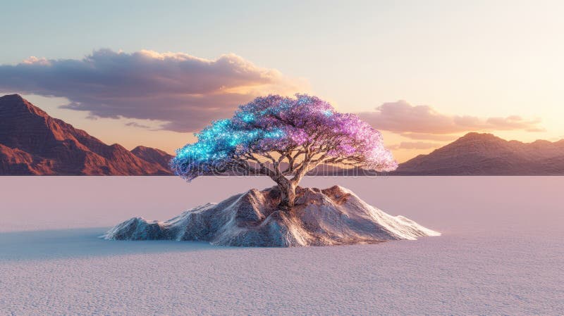 A Solitary Tree Grows on a Rock Amidst the Vast Desert Landscape. Stock ...