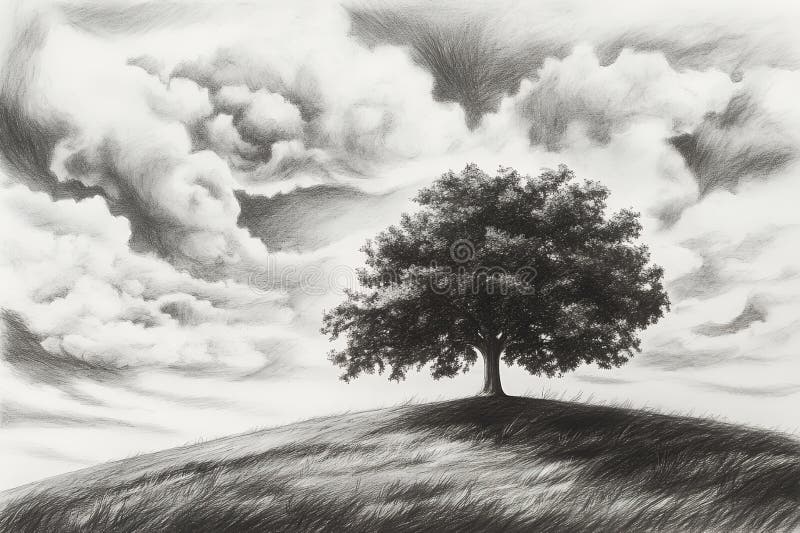 Solitary Tree on Hill Dramatic Sky Pencil Drawing Nature Art Stock ...