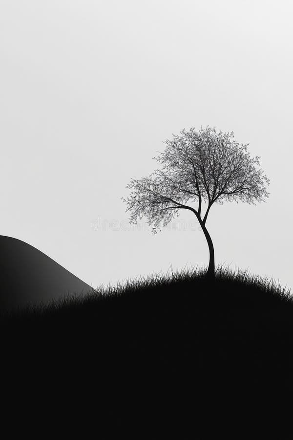 Solitary Tree on a Hill - Minimalist Landscape Art Stock Illustration ...