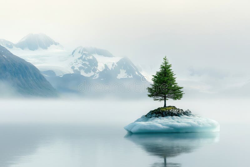 Solitary Tree on Iceberg in Misty Arctic Landscape Stock Illustration ...