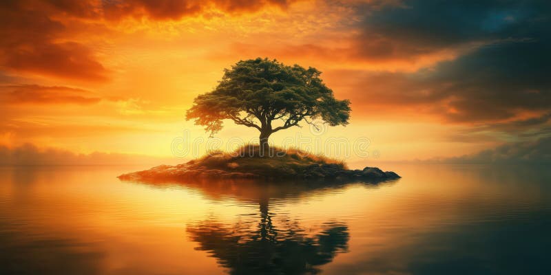 Solitary Tree Island Reflecting Tranquil Water Vibrant Sunset Stock ...