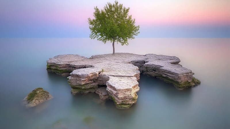 Solitary Tree Lake Rock Sunrise Peaceful Scene Stock Photos - Free ...
