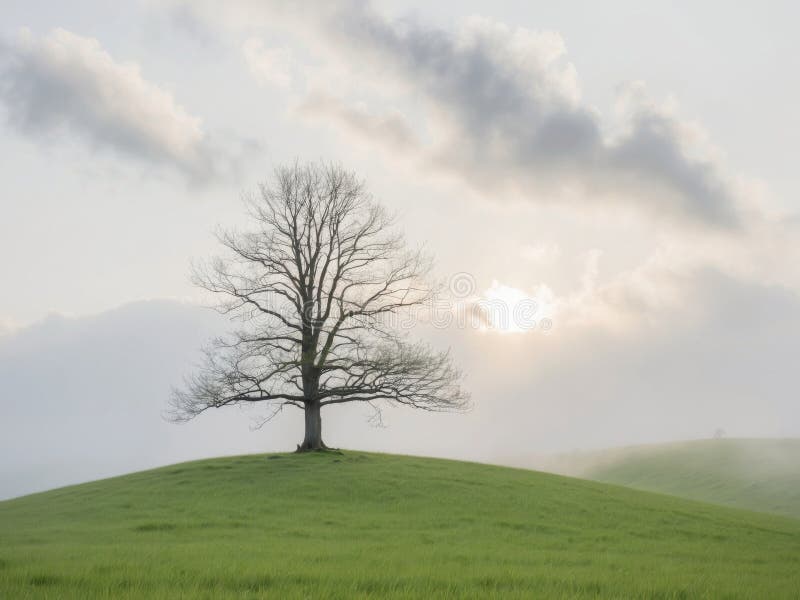 Solitary Tree on a Misty Hilltop in a Rolling Green Landscape. Stock ...