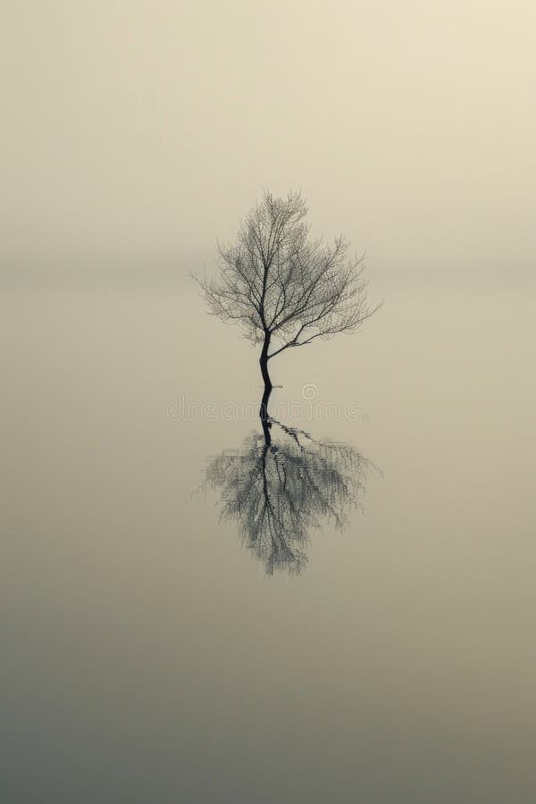 Solitary Tree in Misty Lake with Reflection at Dawn Stock Image - Image ...