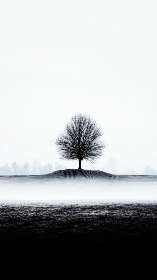 Solitary Tree in Misty Landscape with Bare Branches Stock Image - Image ...
