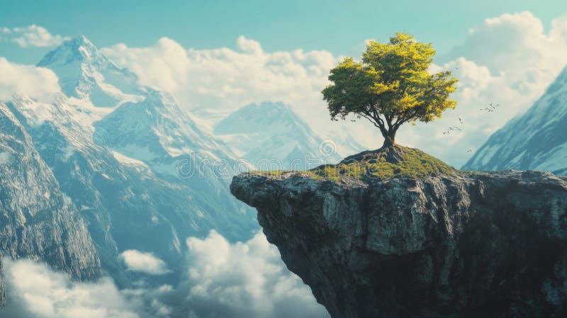 Solitary Tree on a Mountaintop Cliff, Pixel Art Landscape Stock ...