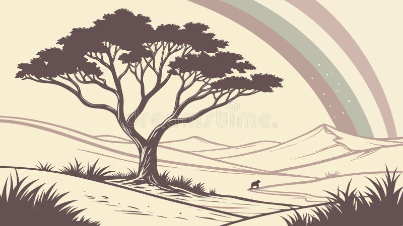 Solitary Tree on Plain with Faint Rainbow Arc, Vector Design Generative ...