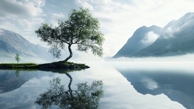 Solitary Tree Reflecting in Calm Mountain Lake at Dawn Stock ...
