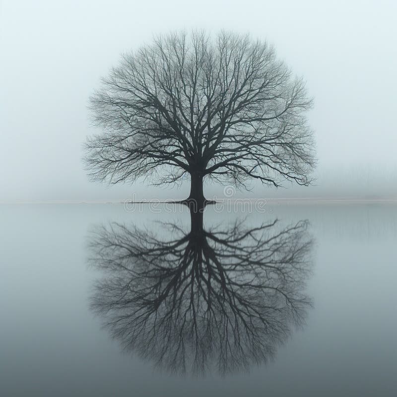 Solitary Tree Reflecting on a Mist-covered Lake Stock Image - Image of ...