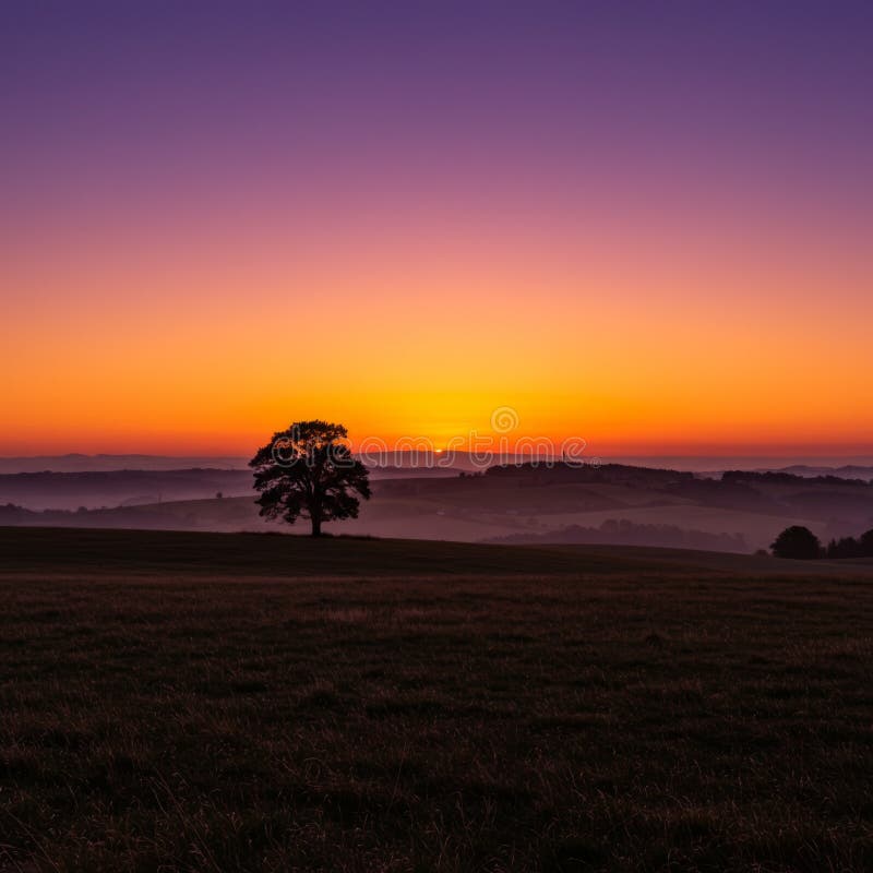 Solitary Tree Silhouette at Sunrise Over Misty Landscape Stock ...