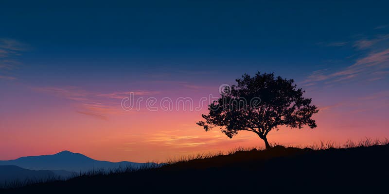 Solitary Tree Silhouette at Sunset a Stunning Landscape Panorama Stock Illustration ...