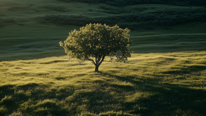 A Solitary Tree in a Sprawling Grassy Field Sun Rays Stock Image ...
