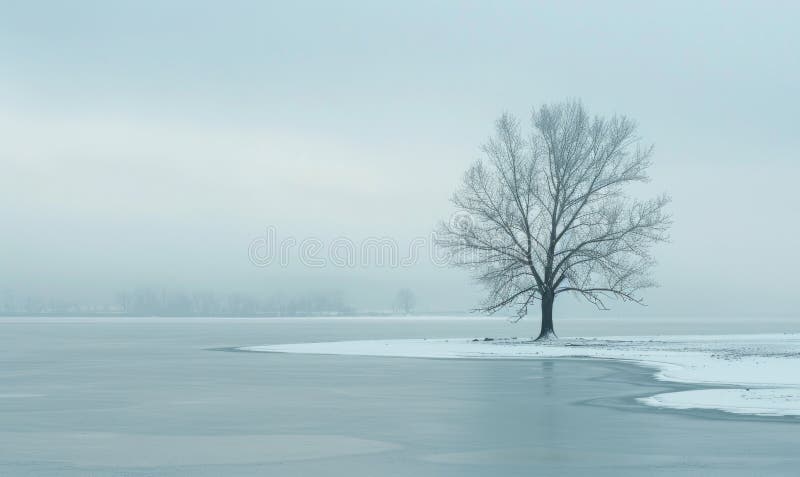 A Solitary Tree Standing on the Frozen Shore of a Lake Stock Photo ...
