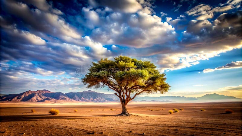 A Solitary Tree Standing Tall Against a Vast, Expansive Desert ...