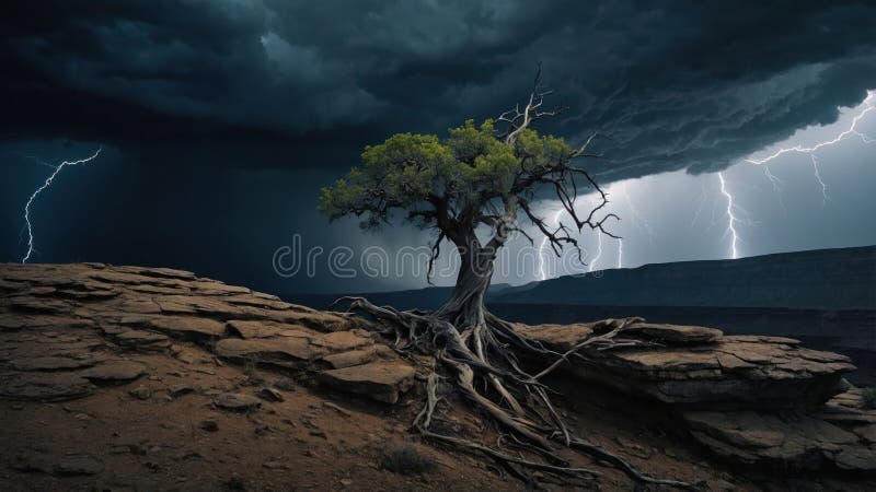 Lone Tree on Rocky Cliff during Dramatic Lightning Storm Stock ...
