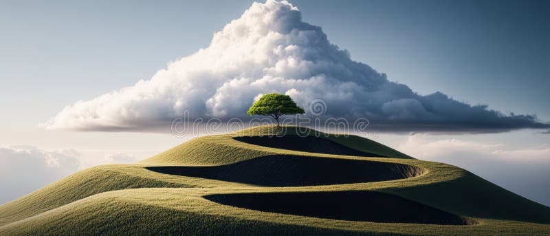 A Solitary Tree Stands on a Hill Under a Cloud-filled Sky. Stock Image ...