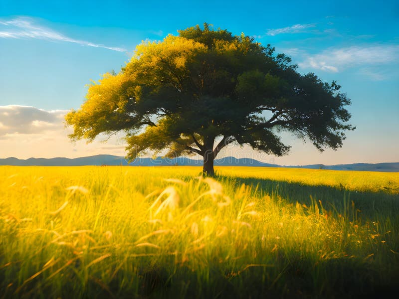 Solitary Tree Stands Tall on Vast Rolling Meadow Stock Illustration ...