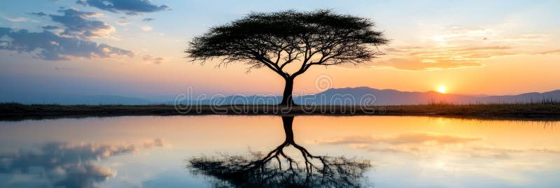 A Solitary Tree Submerged in a Lake, Sun Setting Behind, Distant ...