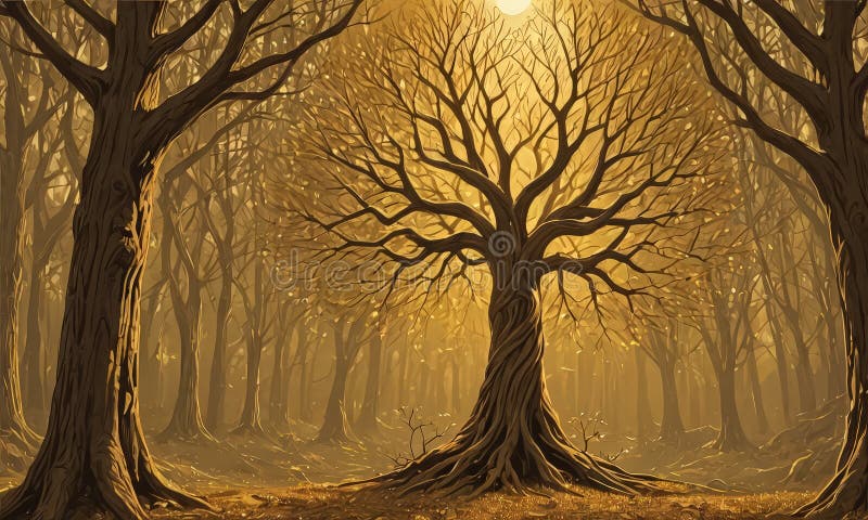 Solitary Tree with Twisted Branches Stands in Dense Forest, Its Bare ...