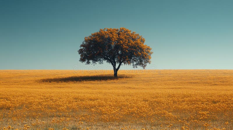 Solitary Tree in Vast Golden Field Under Clear Blue Sky Stock ...